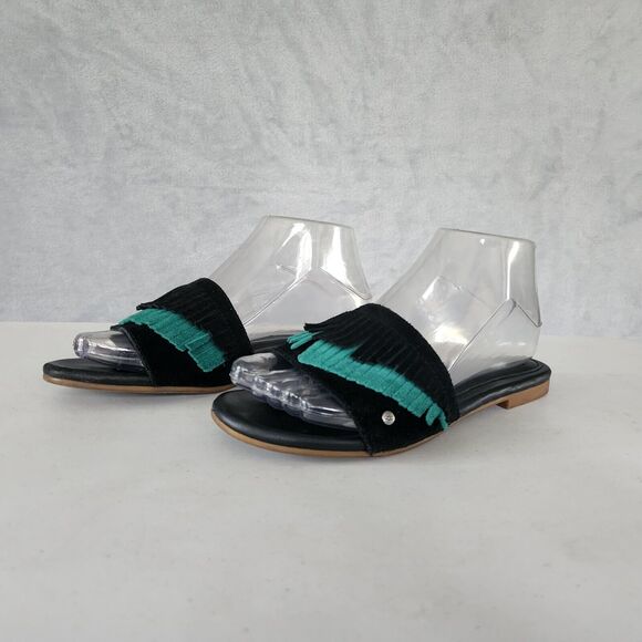 UGG | Shoes | Ugg Sandals Womens 65 Black Turquoise Leather Slide Shoes ...